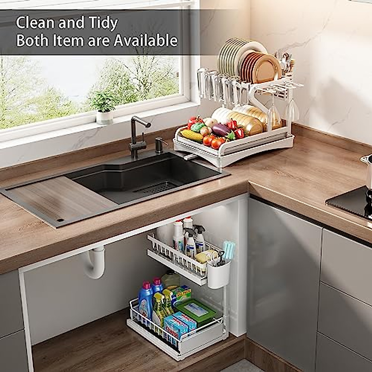 CICUFY Metal Under Sink Organizer,2-Tier Double Sliding Under Sink Storage for kitchen & Bathroom Cabinet-White