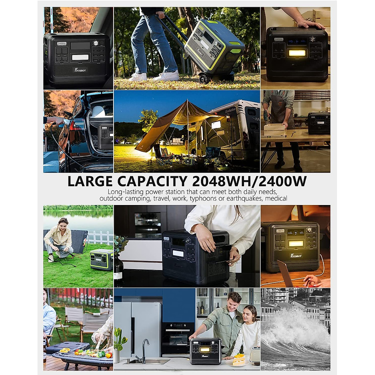 FOSSiBOT F2400 Portable Power Station 2400W, 2048Wh LiFePO4 Battery Backup/6 x 110V AC 2400W Outlets (4800W Peak), 16 Ports, 1.5H Fast Charging, LED Solar Generator for Home Use Camping RV Emergency 1