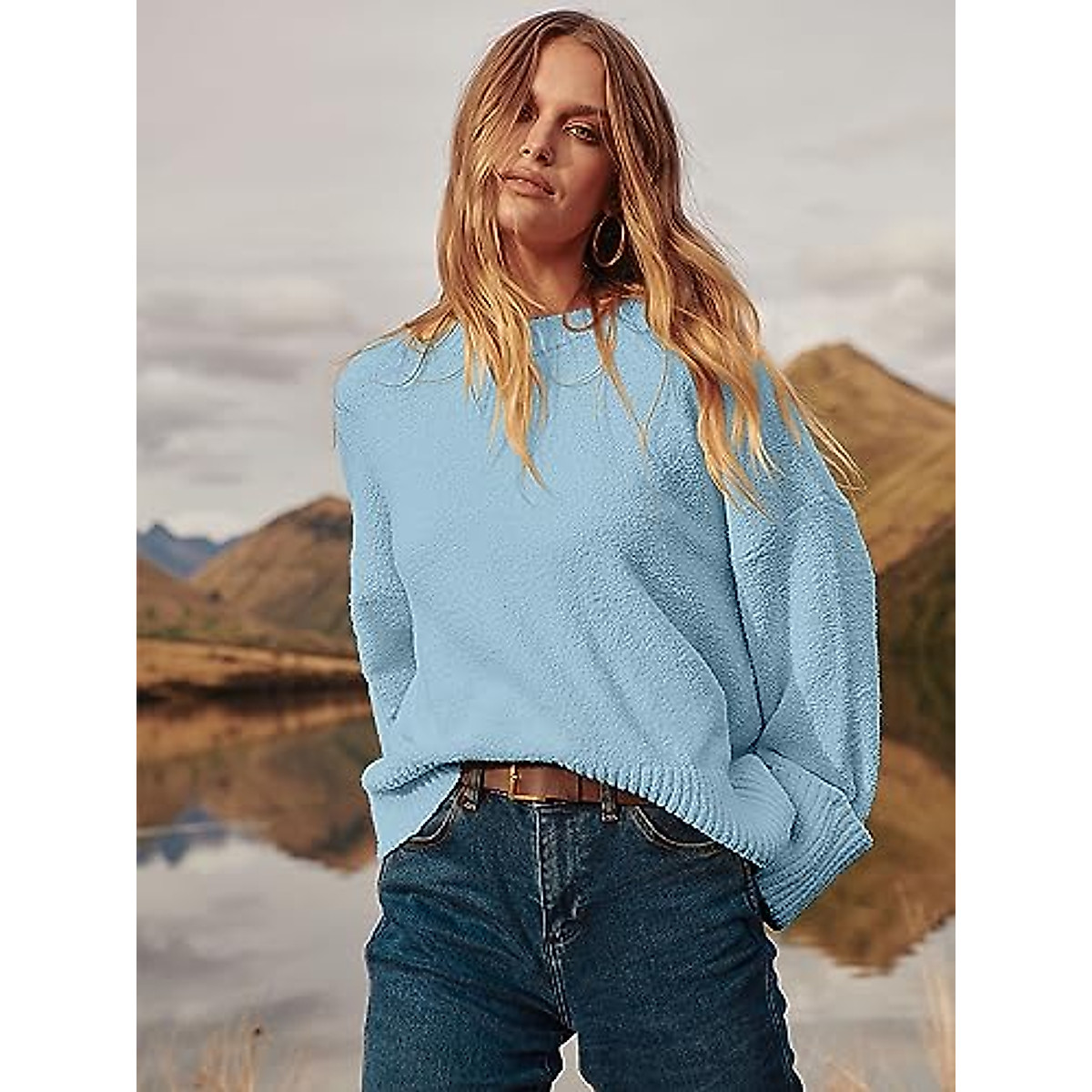 ANRABESS Women's Oversized Crewneck Long Sleeve Fuzzy Knit Casual Chunky Warm 2025 Fall Pullover Sweaters Top Trendy Outfits Blue X-Large
