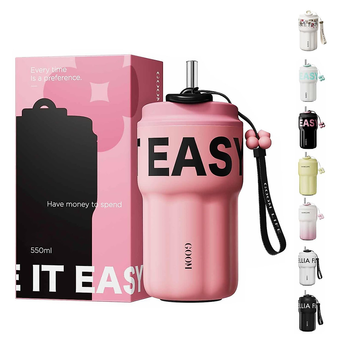 GOOM 18oz Travel Coffee Mug Tumbler with Lid and Straw, 18/10 Stainless Steel, 6-Layer Insulation, Spill Proof, Leak Proof Tumbler with Straw Mouth Rotary Lock, Coffee Mugs for Women - Hot Pink