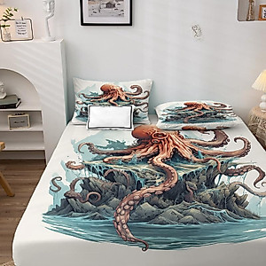 zcsm Octopus Sheets Full Size - Kraken Bed Sheets, Soft Microfiber & Deep Pocket & Wrinkle Free Patterned Bedding Sheets & Pillowcases, 4 Piece (1 Fitted Sheet, 1 Flat Sheet, 2 Pillow Cases)