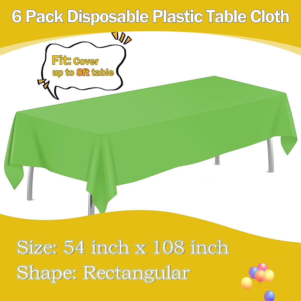 tujol Lime Green 6 Pack Plastic Table Cloth 54" x 108", Disposable Tablecloths Rectangle Table Cover, Plastic Table Cloths for Parties
