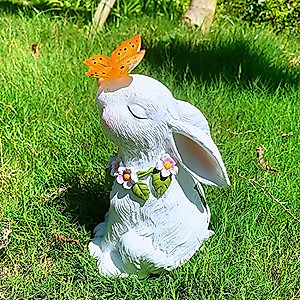 iRonrain Solar Garden Statues Rabbits with Butterfly Halloween Decoration Lights Sculpture, Solar Powered Outdoor Art Décor Bunny Figurine Ornament Resin Lights for Patio Lawn Front Yard (White)