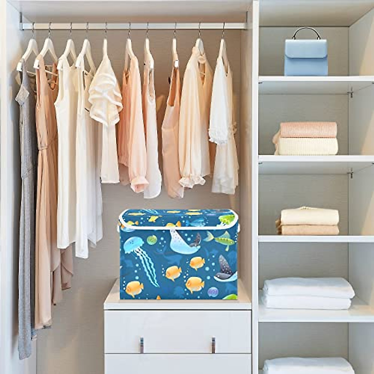 CaTaKu Blue Sea Fish Storage Bins with Lids and Handles, Fabric Large Storage Container Cube Basket with Lid Decorative Storage Boxes for Organizing Clothes