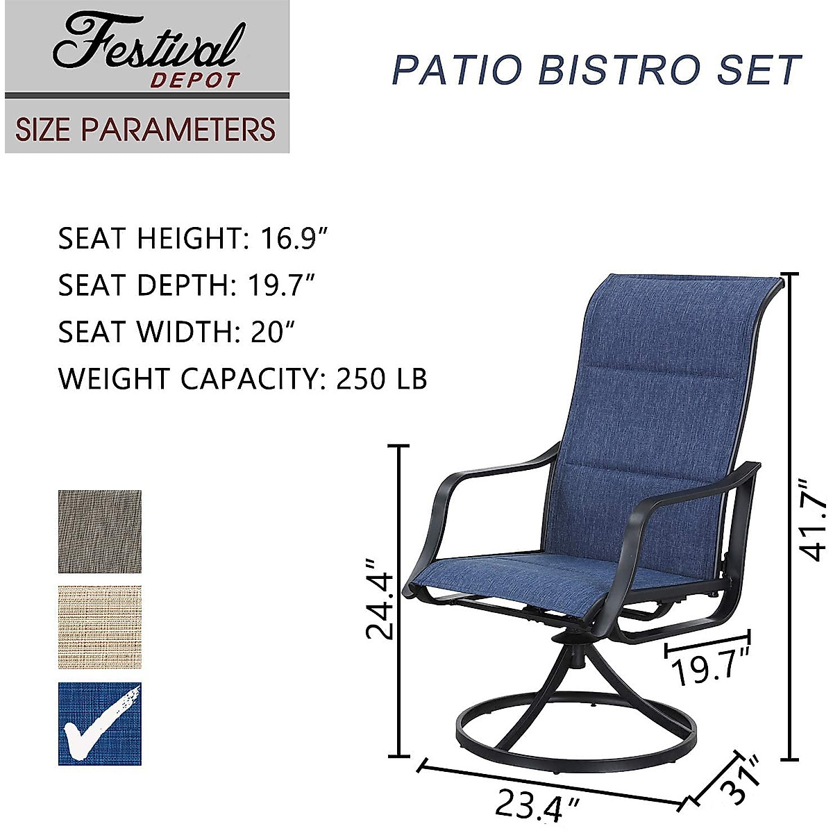 Festival Depot Patio Chair Set of 2 Swivel Rocker Dining Chairs with High Back and Textilene Fabric Comfortable Outdoor Furniture for Deck Garden (Blue, 2 pcs)