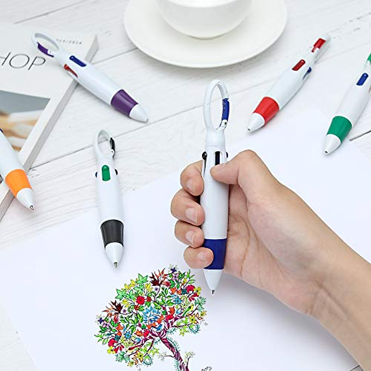 DaveandAthena 24 Pack Plastic Carabiner Shuttle Pens 4-in-1 Retractable Ballpoint Pens Multicolor Pens with Buckle Keychain on Top for Office School Supplies Students Children Gift