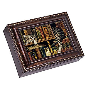 Cottage Garden Sleeping Cat On a Bookshelf Burlwood Rope Trim Jewelry Music Box Plays Canon in D