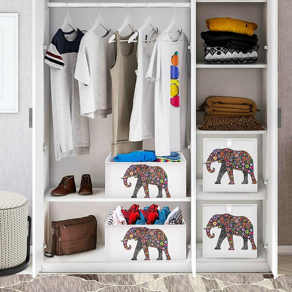 DOMIKING Cheerful Elephant Foldable Cloth Shelf Baskets Rectangle Toy Storage Bins Box with Handles for Clothes Toy Gift Storage 15.75x10.63x6.96 Inches