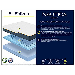 Nautica Home Enliven 8" Medium Gel Memory Foam Mattress with Cooling Air Flow and Pressure Relieving Foam Layers, Bed-in-a-Box, King, White