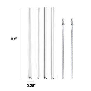 G Reusable Glass Straws Clear - 8.5 inches x 8 mm Straight Drinking Straws Healthy Eco-Friendly BPA Free 4 Pack with 2 Cleaning Stainless Steel Brushes