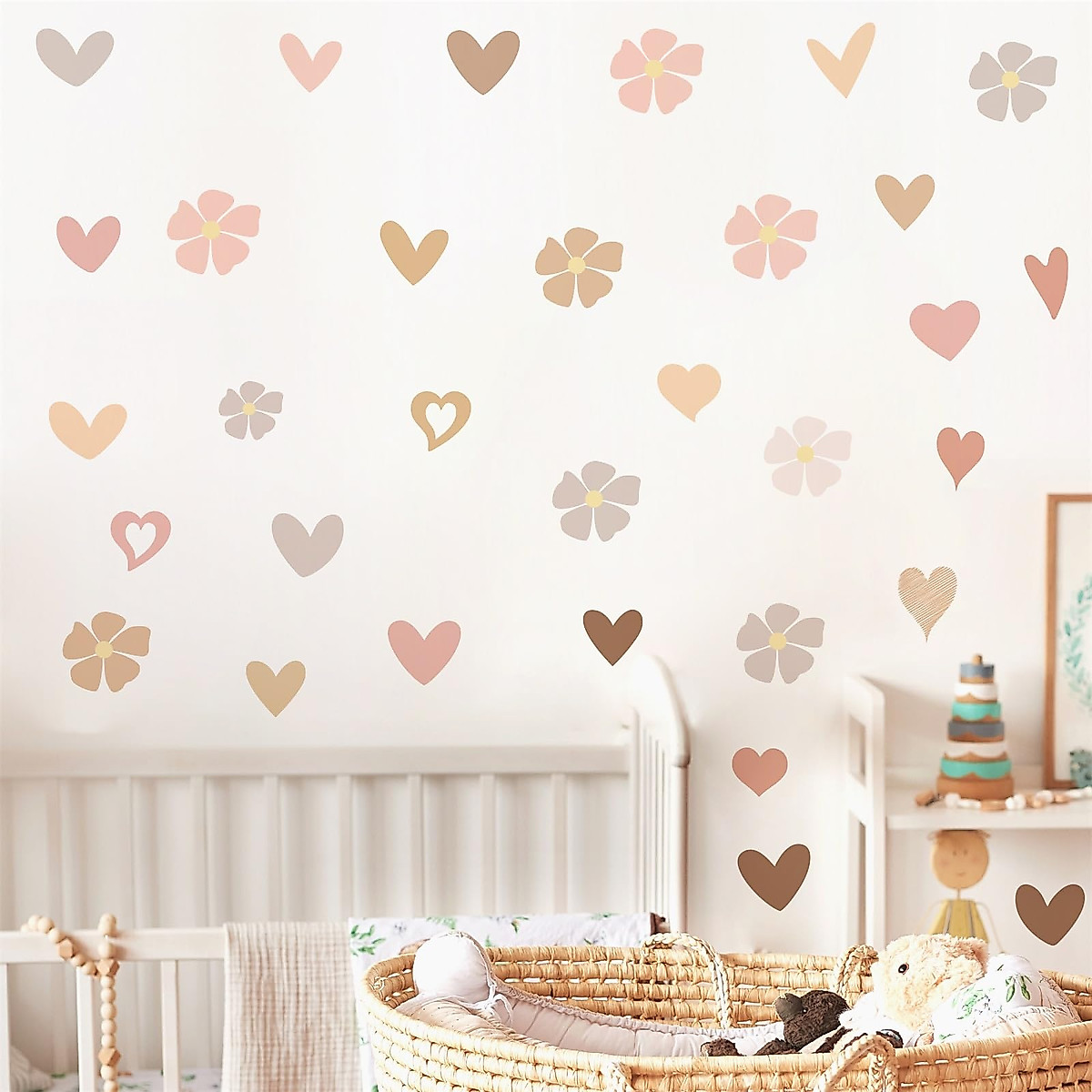 Colorful Flowers Wall Decals Boho Wall Stickers Pastel Hearts Wall Art Stickers Girls Bedroom Decor Pink Floral Decals Peel and Stick Heart Vinyl Murals Wallpaper for Kids Baby Room Nursery Decoration