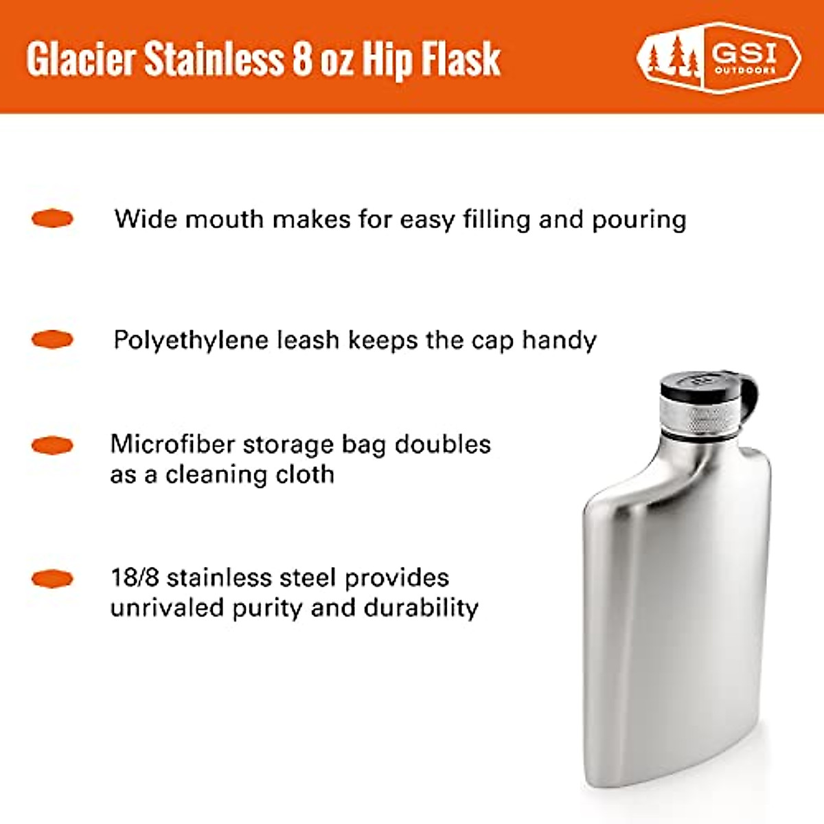 GSI Outdoors - Glacier Stainless Hip Flask for Camping, BBQ, Backpacking, Travel and Festivals - 8 oz.