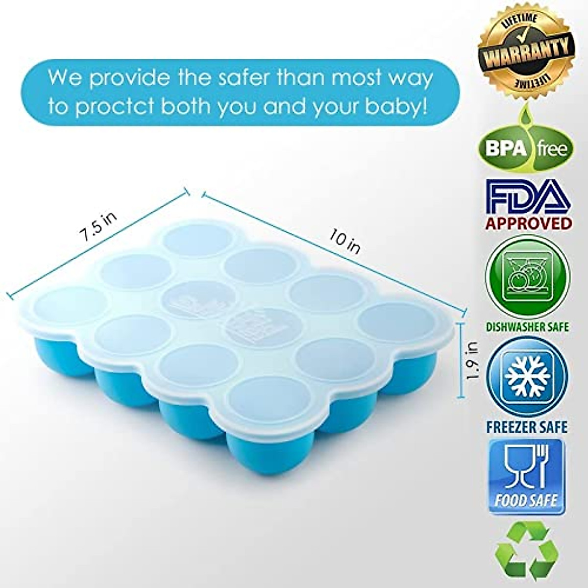 Samuelworld Baby Food Storage Container, 12 Portions x 2.5oz - BPA Free Silicone Freezer Tray with Clip-On Lid for Breast Milk Storage, Homemade Baby Food, Vegetable & Fruit Purees - Blue