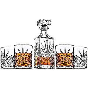 James Scott Liquor Decanter 5-Piece Irish-Cut Crystal Decanter & Whiskey Glasses Set - for Whiskey, Wine and Bourbon - Includes 24 oz. Decanter with Stopper and 4 x 11 oz. Glasses | Beautiful Gift Box