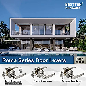 BESTTEN Keyed Entry Door Lever Set with Removable Latch Plate, All Metal, Roma Series Door Handle for Front Door, Satin Nickel