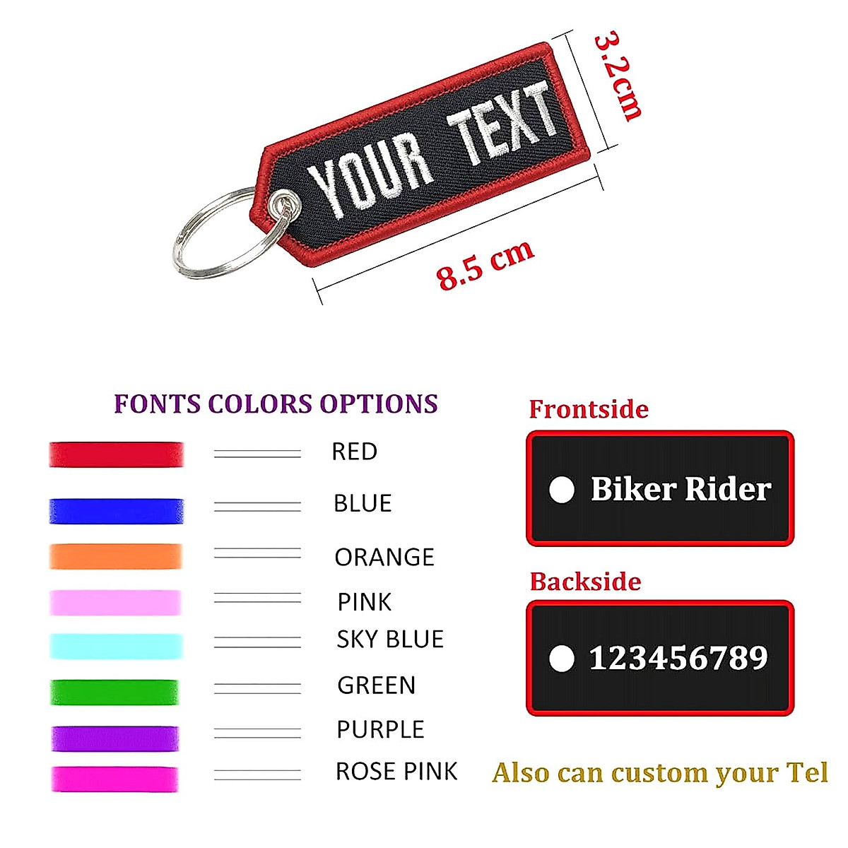 Kamao Personalized Keychain, Customized Embroidery Any Text Great Gift Keychain, for Men's Motorcycle ATV Car and Scooters, Black, Red, Orange, Blue, Yellow, 8.5x3.2 cm