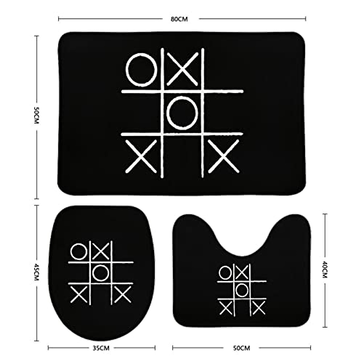 Tic Tac Toe Noughts and Crosses Board Bathroom Rugs and Mats Sets 3 Piece Combination Non-Slip Mat Coral Velvet Toilet Lid Cover Washable 15.7"x23.6"