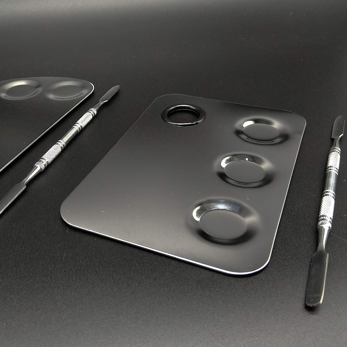 TIHOOD 2PCS 5-well / 3-well Makeup Palette with Spatula, Stainless Steel Nail-art Cosmetic Artist Mixing Palette for Mixing Foundation 6''x4'' Silver