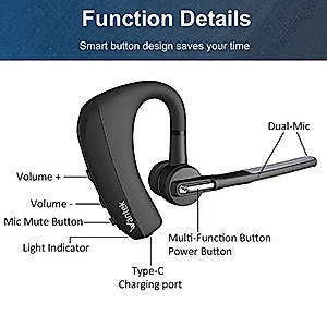 Bluetooth Headset with CVC8.0 Dual Mic Noise Cancelling, Bluetooth Earpiece V5.0 Hands-Free Wireless Headset for iPhone Android Cell Phone Trucker Business Office, Super Light, Clear Chat
