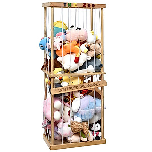 FUIN Stuffed Animal Zoo Storage Cage, Large Wooden Stuffed Animal Jail Organizer, Creative Toy Zoo Storage for Plushies and Squishmallow, Durable Corner Stuffed Animal Tower Holder Display, Natural