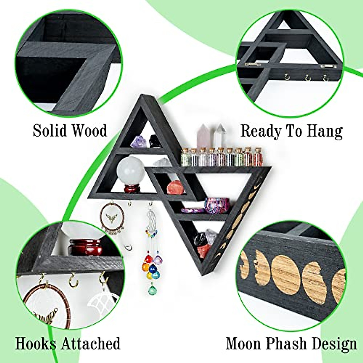 Crystal Shelf Display with Hooks - Black Moon Phase Triangle Shelf for witchy room decor - Moon shelf for Aesthetic shelves room decor, crystal organizer shelf for Living Room , Bed Room ,Bath Room