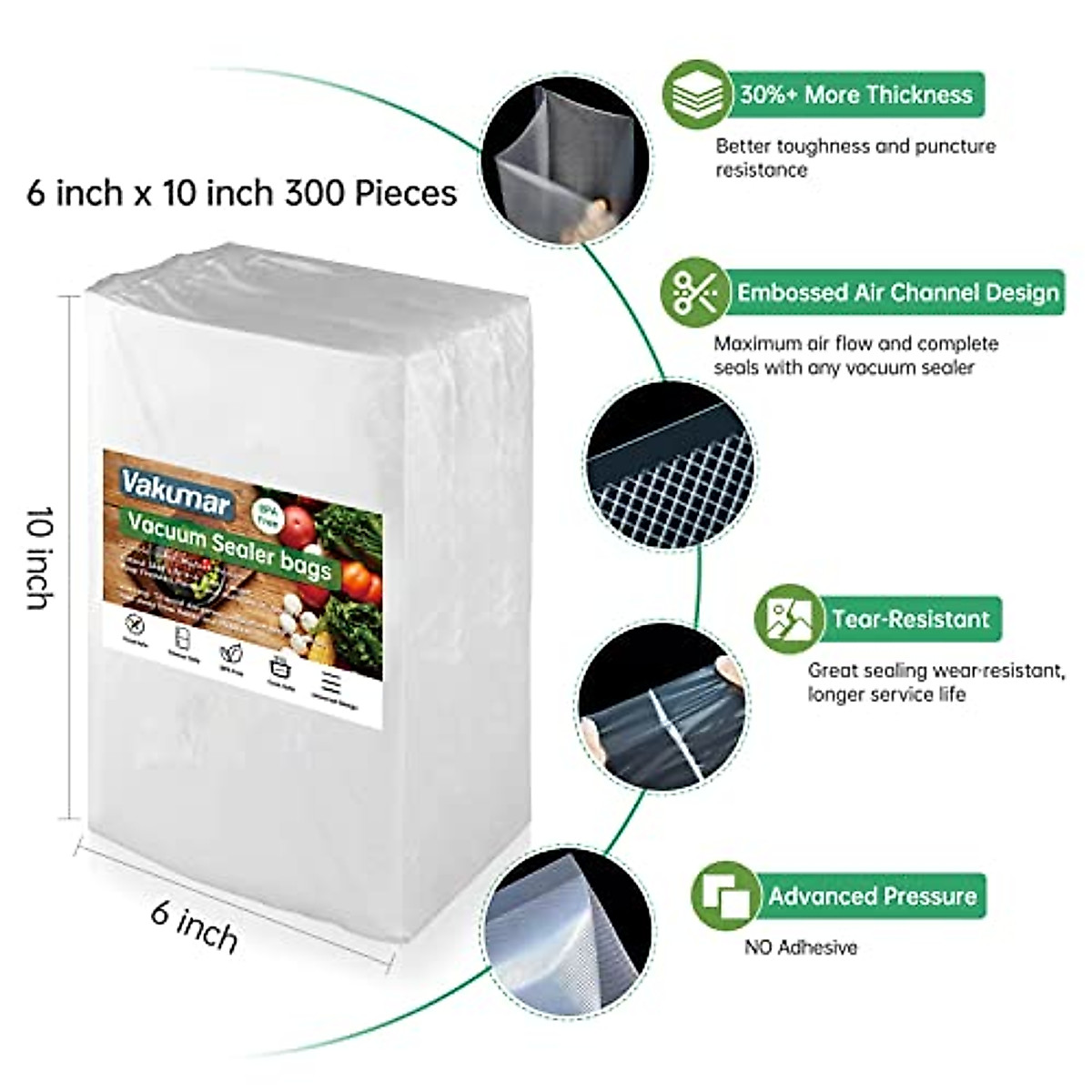 Vakumar Vacuum Sealer Bags 300 Pint 6 x 10 Inch Rolls for Food, Seal a Meal, Commercial Grade, BPA Free, Commercial Grade, Great for Storage, Meal prep and Sous Vide