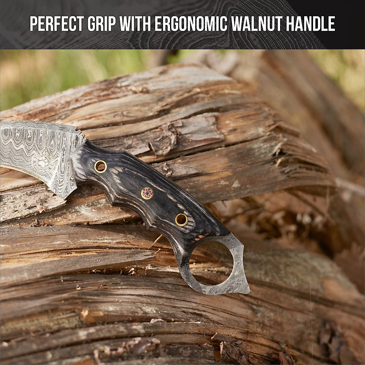 BIGCAT ROAR 7.5″ Handmade Karambit Damascus Hunting Knife with Leather Sheath - Ideal for Skinning, Camping, Outdoor - Full Tang Fixed Blade Karambit Knife with Walnut Wood Handle - Desert Fox