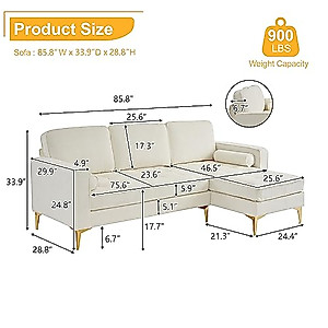 Imbesty 85" W Sectional Convertible Sofa Couch, Chenille Upholstered L-Shaped Couch 3-Seat Sofa with Reversible Chaise for Small Living Room, Apartment and Small Space (Chenille White)
