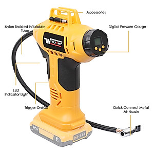 Tire Inflator Air Compressor, Compatible with Dewalt 20v Max Battery WITLIGHT 160 PSI Cordless Portable Electric Air Pump with Digital Pressure Gauge for Car, Bike, Sport Ball (TOOL BARE) (Yellow)