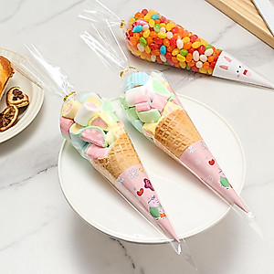 Cone Shaped Treat Bags, 100 Pcs Clear Popcorn Bags Bulk 7x15 In Cellophane Treat Bags with Twist Ties Small Triangle Plastic Cone Bags for Gift Giving Individual Servings Party Favor Candy Snack Wraps