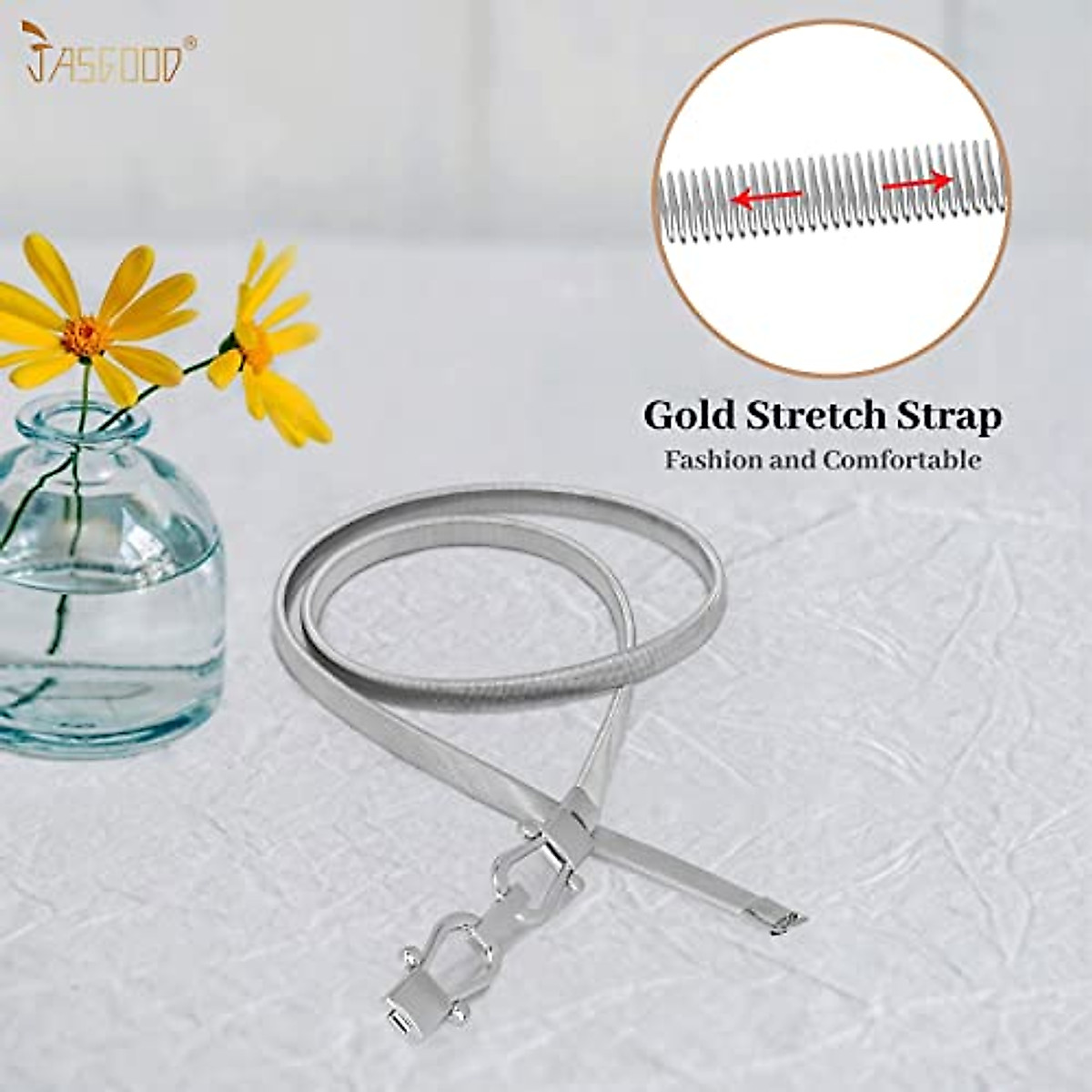 JASGOOD Skinny Metal Waist Belt for Dress Fashion Silver Waistband Elastic Metal Chain Belt, B-Silver, Fit Waist 35”-39”