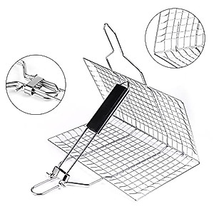 Stainless Steel Grill Basket Barbecue Grill Basket Portable Grill basket with Removable Handle,Perfect for Grilling Vegetables Fishes Shrimp Steak meat and more with Carrying Pouch,A Useful BBQ Tool