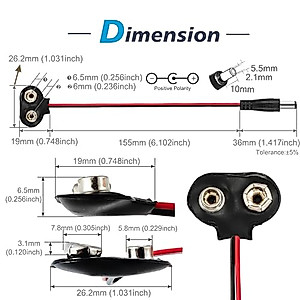 Chanzon UL Wires 9v Battery Connector Plug Arduino Battery Power Leather Clip with Center Positive 2.1mm x 5.5mm Male 5 Pack Jack T-Type for Arduino LED Strip