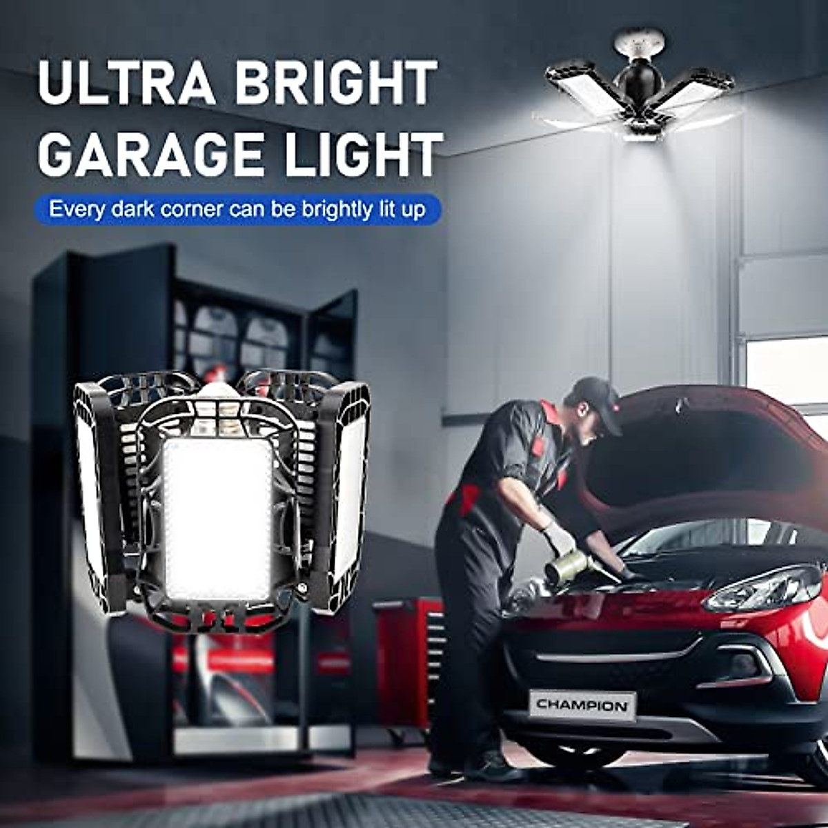LED Garage Light, Ultra Bright Garage Lights Ceiling Led 360° Illuminator, 100W 12000LM 6500K Deformable LED Garage Ceiling Lights with 5 Adjustable Panels E26/E27 for Garage Basement Bay Workshop