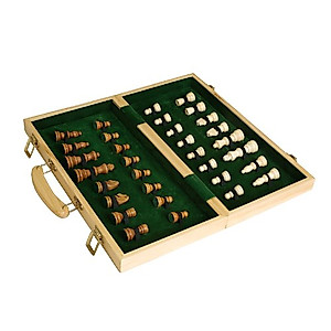 STERLING Games 16" Solid Wooden Chess Set Travel Folding Board with Brass Locks and Felted Interior Storage with Piece Holders