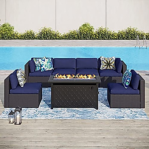PHI VILLA 7 PCS Outdoor Patio Furniture Set with 45-Inch 50,000BTU Fire Pit Table All-Weather Rattan Patio Sectional Sofa Conversation Set, CSA Approved Propane Fire Pit(Navy Blue)