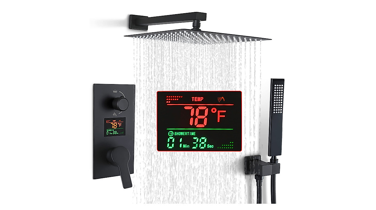 SKOWLL Digital Rain Shower System Black Wall Mount Kit - 12 Inch