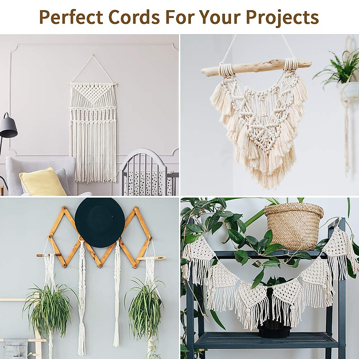 Macrame Cord 4mm x 328Yards(984Feet),Natural Cotton Macrame Rope - 3 Strands Twisted Macrame Cotton Cord for Wall Hanging, Plant Hangers, Crafts, Gift Wrapping and Wedding Decorations