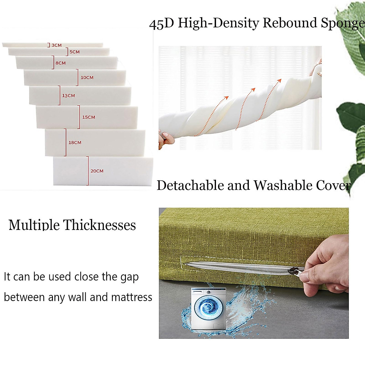 Custom Bed Gap Filler, Mattress Extender for King Twin Full Bed, Space Filler Between Bed and Wall Side with Removable Cover, Thick Wedge Headboard Gap Filler Queen (Technical Cloth)