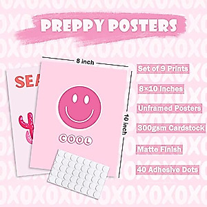 GENSTEUO 9Pcs Cute Preppy Room Decor Aesthetic, Preppy Wall Art, Preppy Posters Paintings, Cute Pictures Prints for Bedroom Dorm Decorations, Preppy Pink Poster Wall Collage (8x10 UNFRAMED)