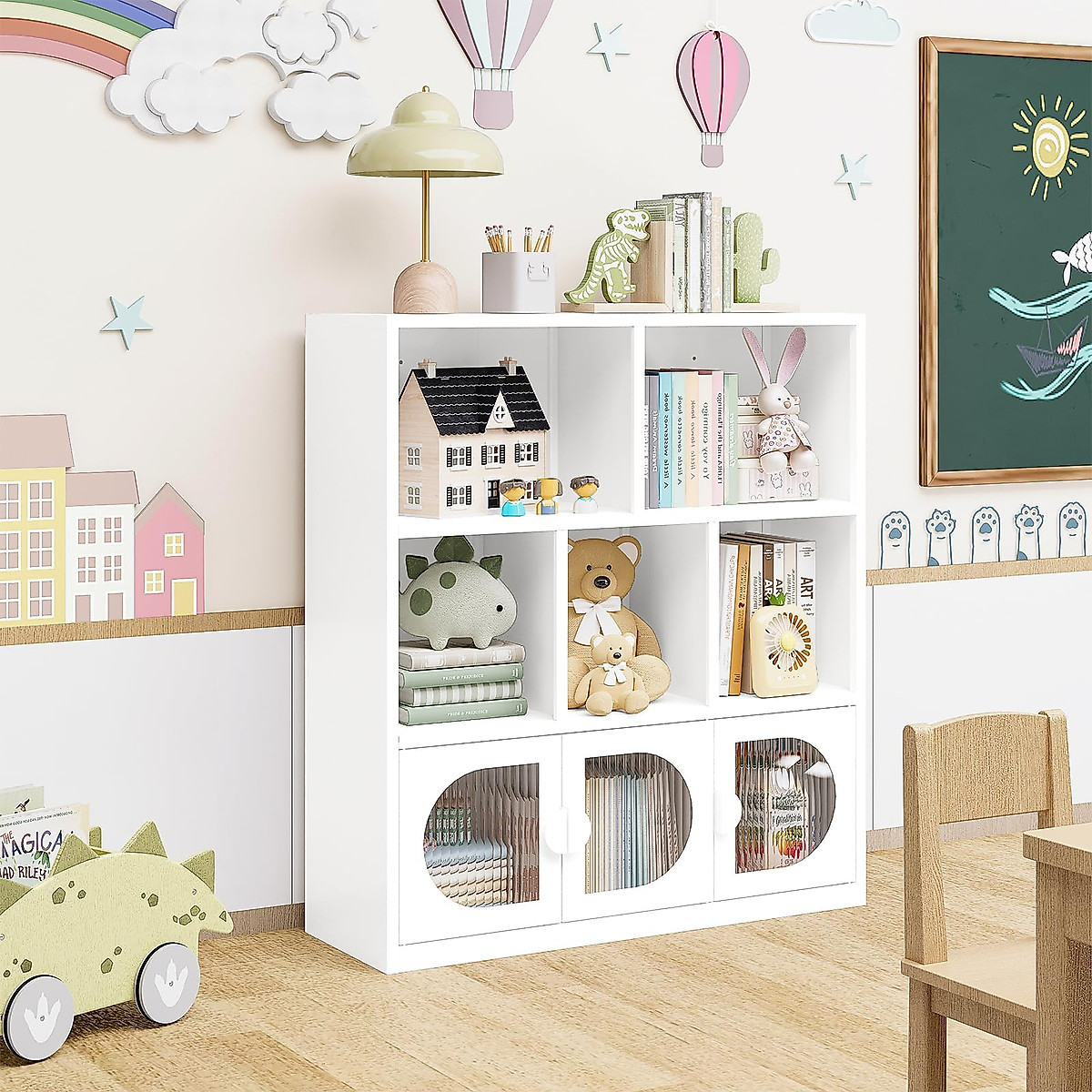 NODHM Toy Storage Organizer and Storage, Metal Toy Organizers with 5 Storage Cubbies and 3 Storage Cabinets, Book Shelf for Kids Rooms,Nursery, Playroom, Bedroom