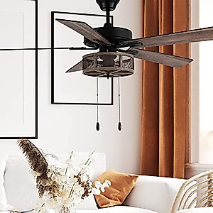 RIVER OF GOODS 52 Inch LED Modern Farmhouse Ceiling Fan with Light - Rustic Ceiling Fans with Lights - Elegant Industrial Fan with Mesh Metal Caged Shade - Brown