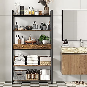 YAOHUOO Bookshelf with 2 Drawers-31.5” Widen Industrial Book Shelf with Bookend, 5 Tiers Tall Storage Shelves, Steel Frame Display Rack, Suitable for Bedroom,Office,Living Room,Bathroom