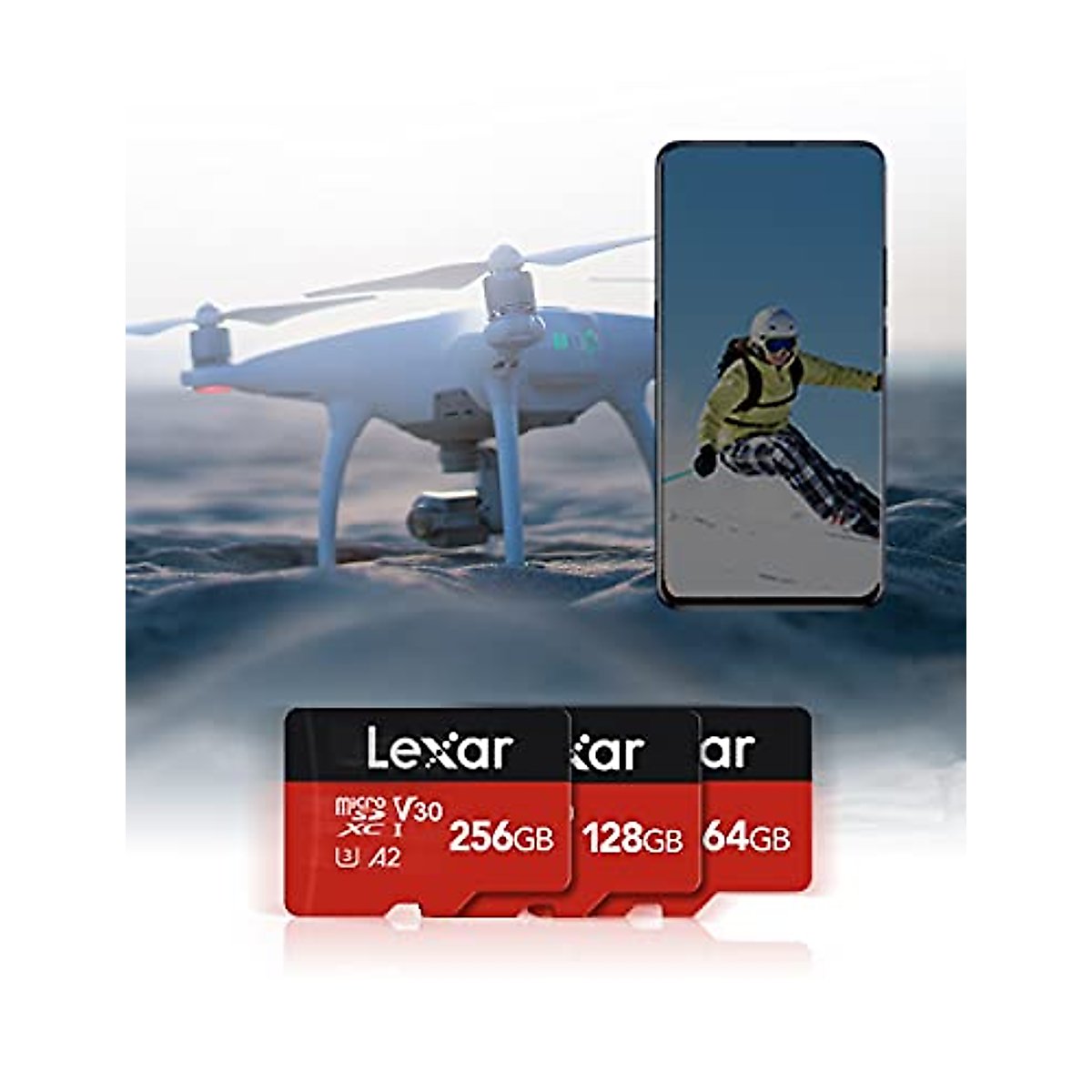 Lexar 256GB Micro SD Card, MicroSDXC Flash Memory Card with Adapter Up to 160MB/s, A2, U3, V30, C10, UHS-I, 4K UHD, Full HD, High Speed TF Card for Phones, Tablets, Drones, Dash Cam, Security Camera