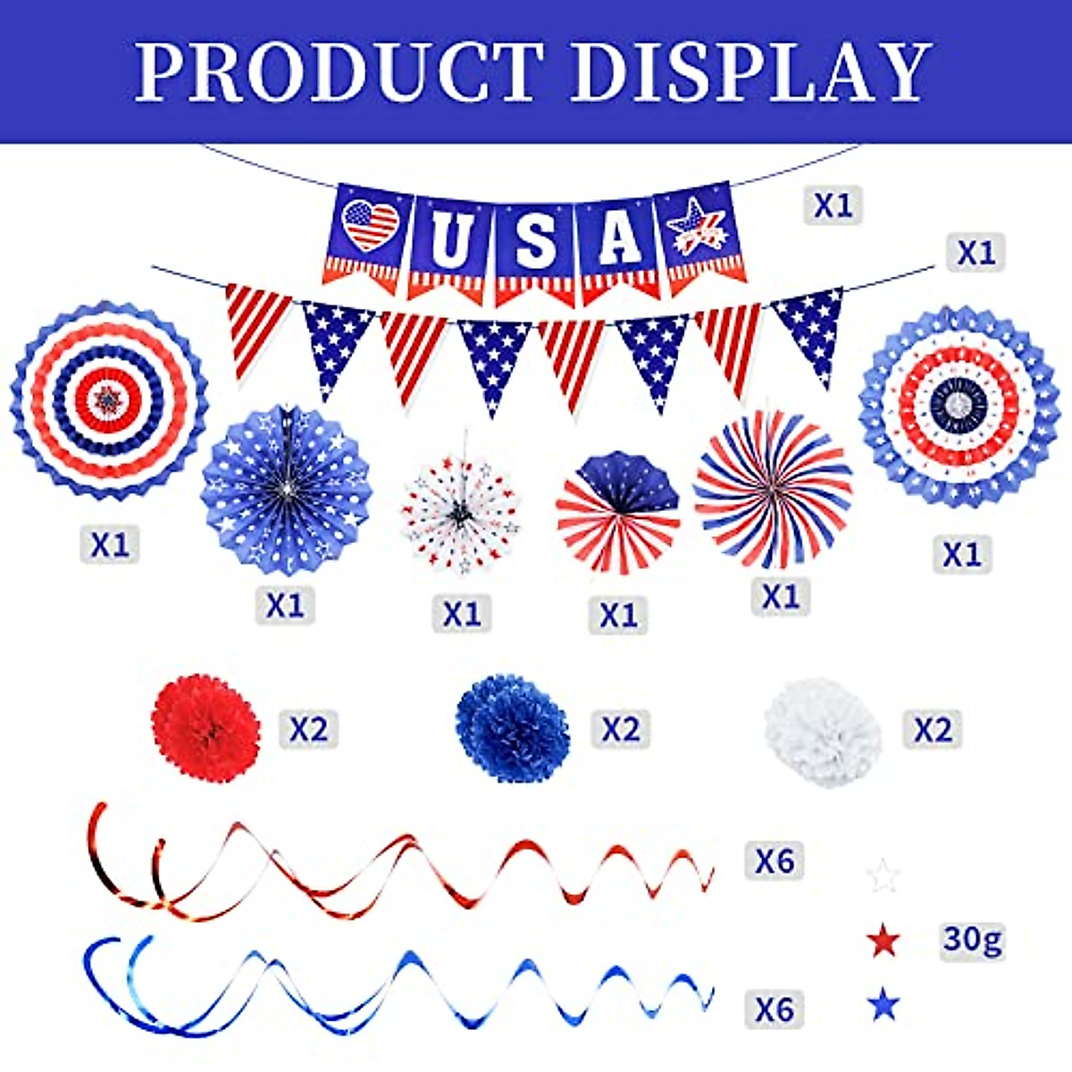 27 Pieces 4th of July Decorations Set, Red White Blue American Flag Hanging Honeycomb Paper Fans, Pom Poms, Swirls, Love USA Banner, Star Garland Patriotic Independence Day Outdoor Party Supplies