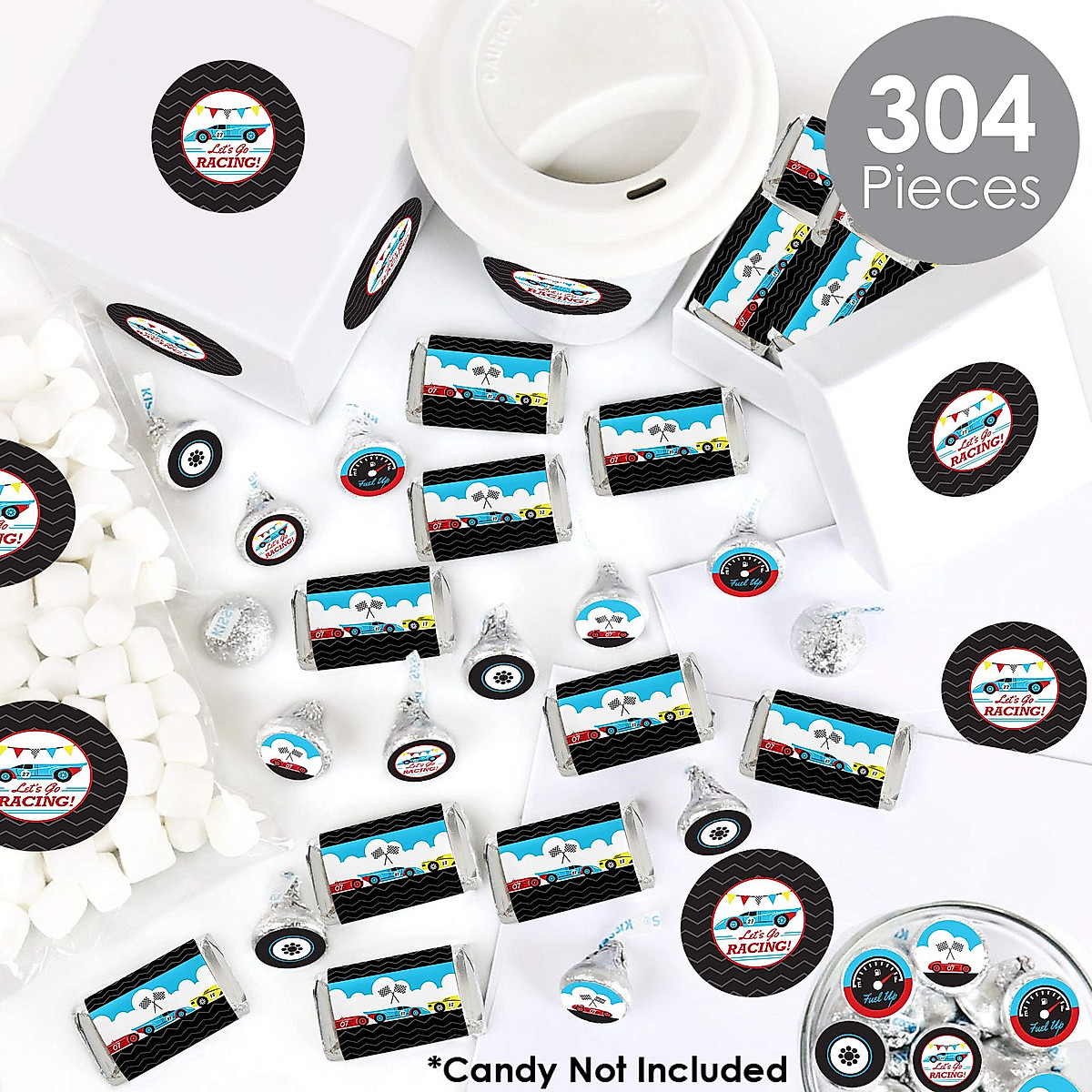 Big Dot of Happiness Let’s Go Racing - Racecar - Mini Candy Bar Wrappers, Round Candy Stickers and Circle Stickers - Race Car Birthday Party or Baby Shower Candy Favor Sticker Kit - 304 Pieces