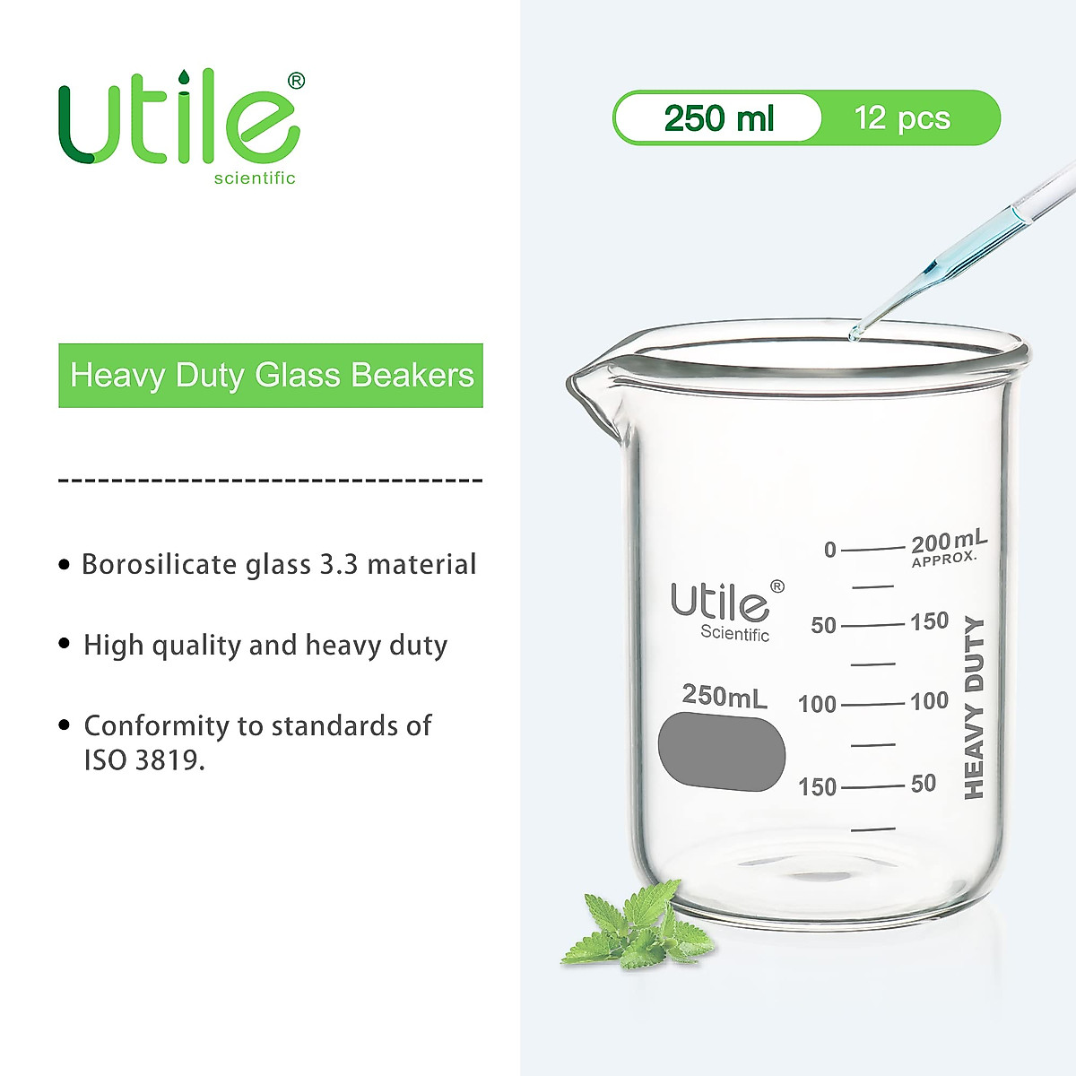 Utile 12pcs of Heavy Duty Glass Beakers, Vol.250m(8.5oz), Borosilicate 3.3 Glass with Double Scaled Printed Graduation, 4046.0250.12