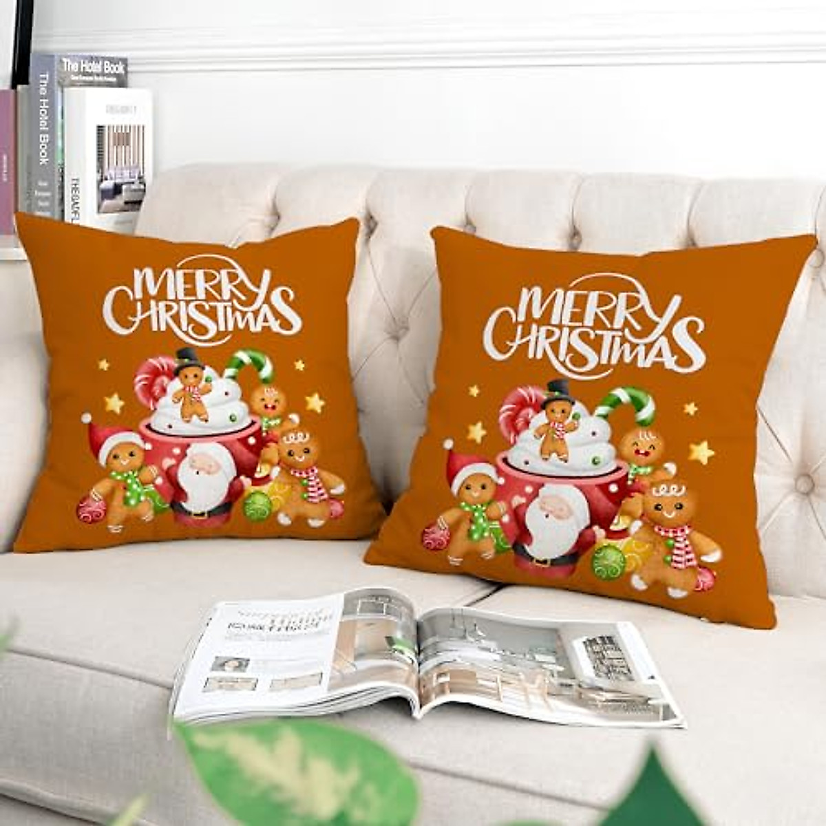 Christmas Gingerbread Man Throw Pillow Cover Candy Cane Santa Christmas Balls Holiday Brown Linen Decorations Pack of 2 Euro Patterned Bed Outdoor Patio Office Porch Cozy Pillow Covers 16x16inch