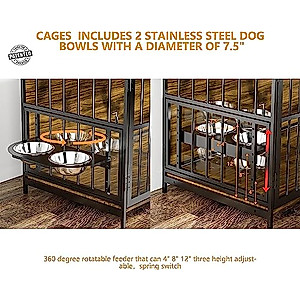 ROOMTEC Furniture Style Large Dog Crate with 360° & Adjustable Raised Feeder for Dogs with 2 Stainless Steel Bowls -End Table Dog House with Dog Pad (41Inch = Int.dims: 39.7" W x 22.4" D x 25.1" H)