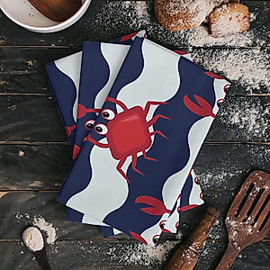 Kitchen Dish Towels 2 Pack-Super Absorbent Soft Microfiber,Cartoon Crab on Stripes Cleaning Dishcloth Hand Towels Tea Towels for Kitchen Bathroom Bar